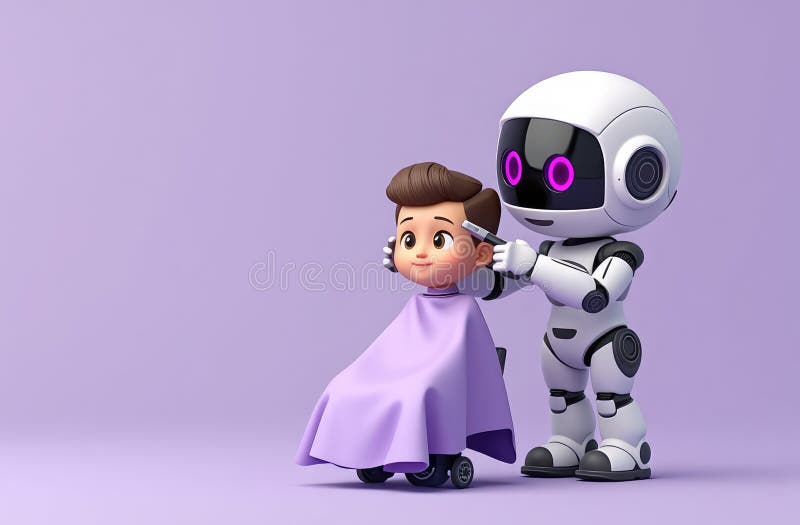 Funny 3d Illustration of Cute Android Robot As Barber Making Customer ...