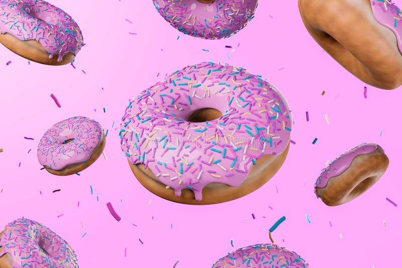 Pink Donuts Floating with Explosion of Colorful Sprinkles on Pink ...