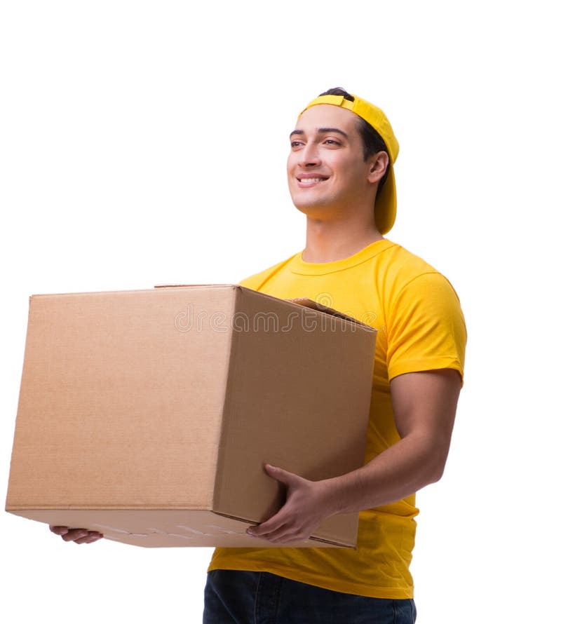 Funny Delivery Boy with Box Isolated on White Stock Photo - Image of ...