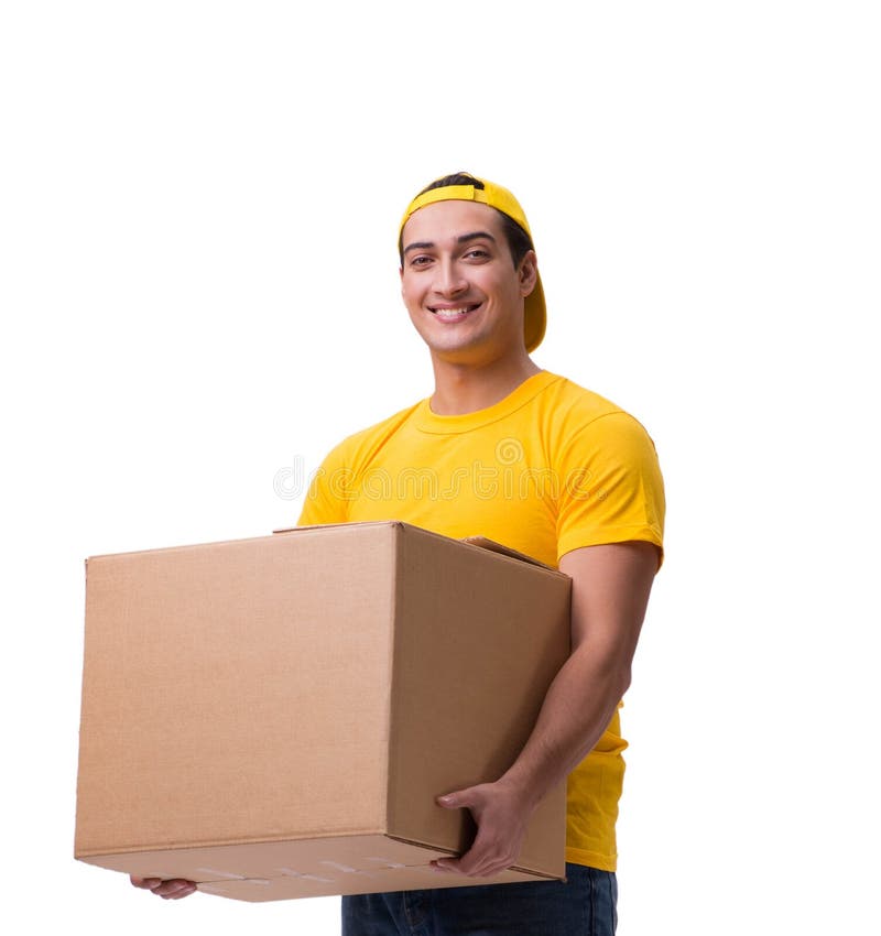 Funny Delivery Boy with Box Isolated on White Stock Image - Image of ...