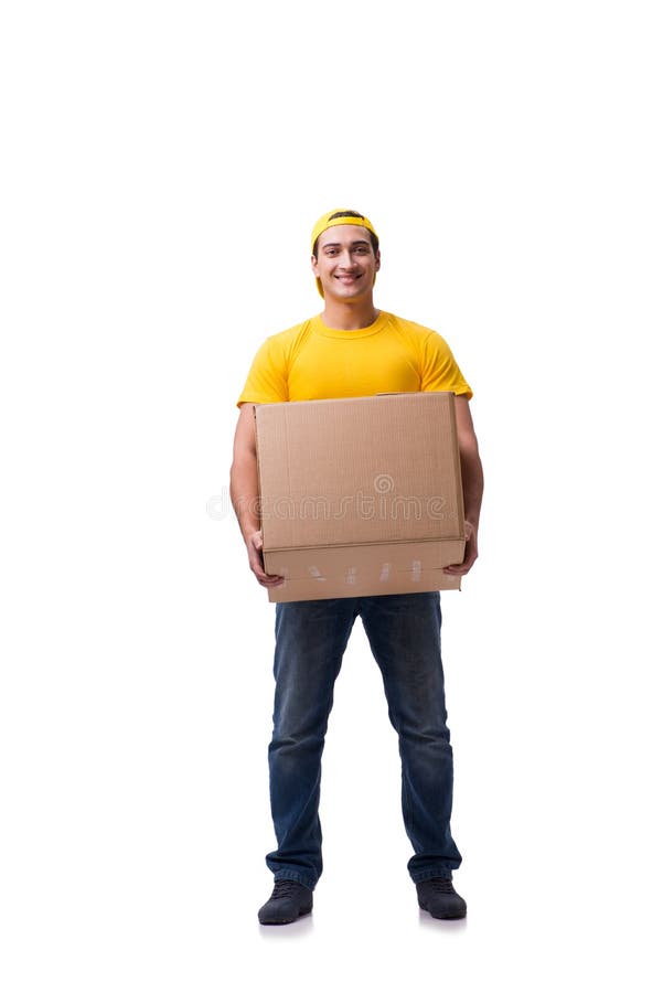 The Funny Delivery Boy with Box Isolated on White Stock Photo - Image ...