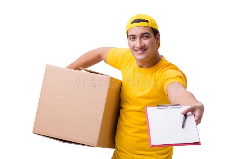 The Funny Delivery Boy with Box Isolated on White Stock Photo - Image ...