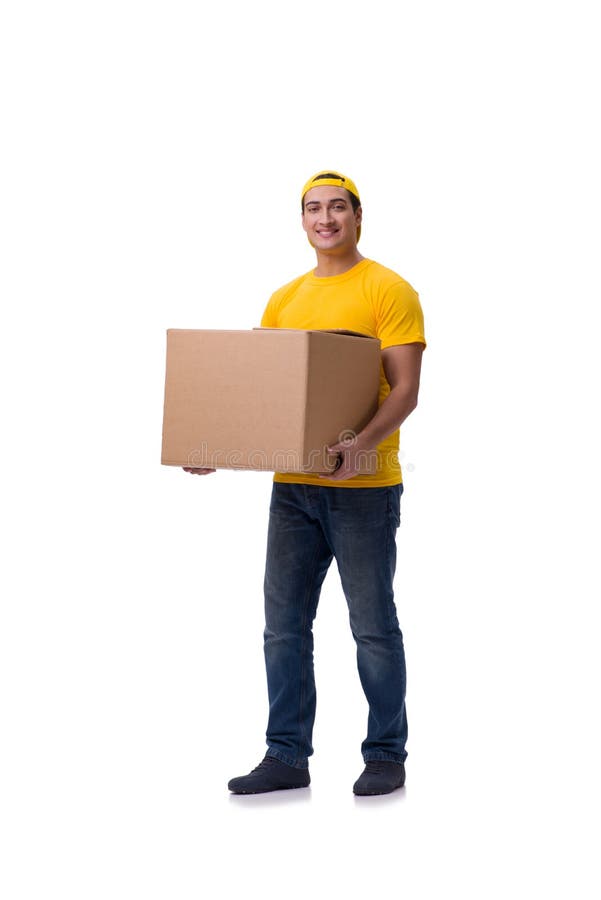 The Funny Delivery Boy with Box Isolated on White Stock Image - Image ...