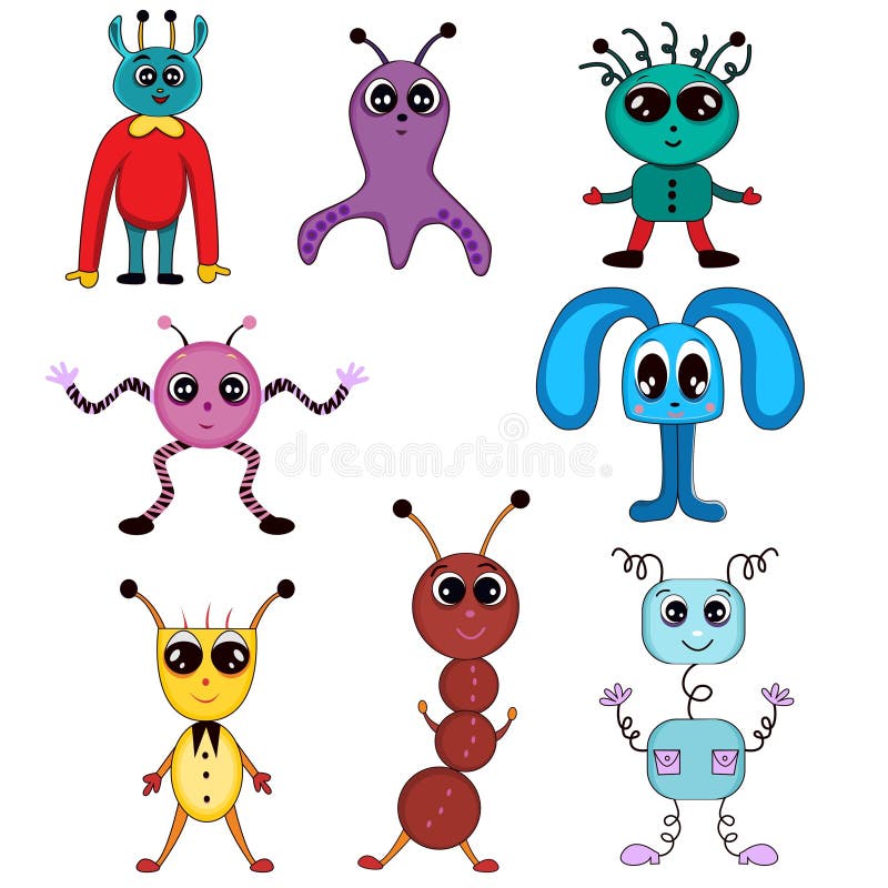 Big Set of Isolated Funny Friendly Monsters or Aliens. Cosmic Monsters ...