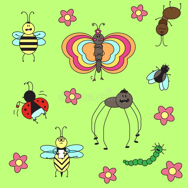 Set of Different Insects in Cartoon Style. Butterfly and Beetle ...