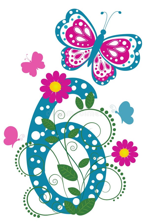 Funny Digit 6 with Butterflies Stock Vector - Illustration of backdrop ...