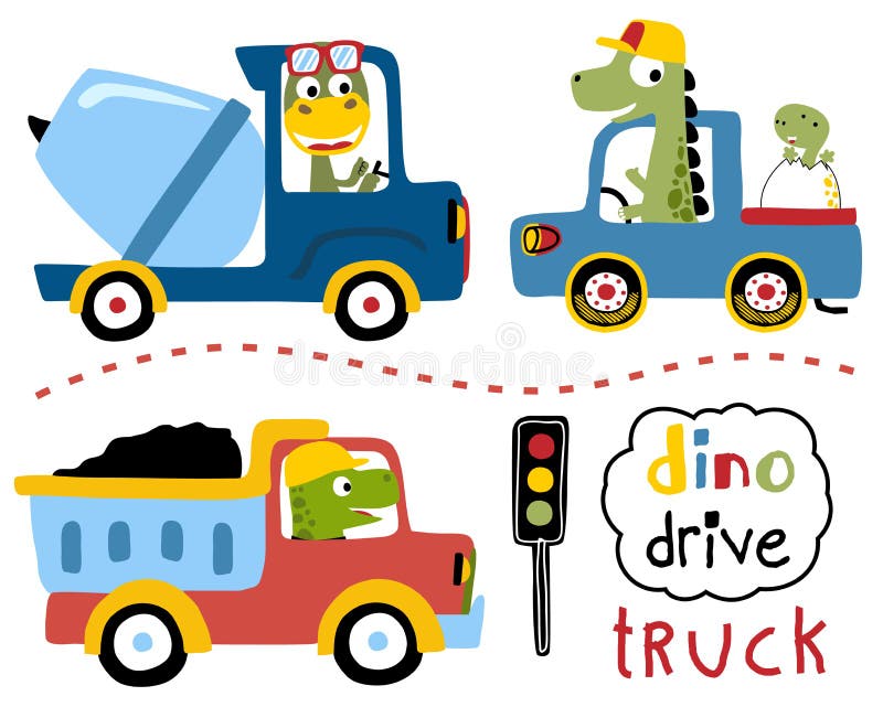 Vector Set of Dinosaurs Cartoon Driving Trucks Stock Vector ...