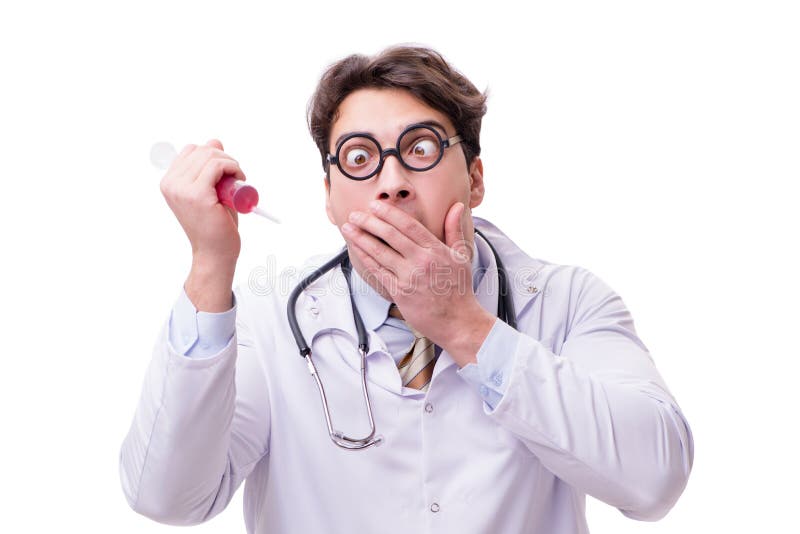 The Funny Doctor with Syringe Isolated on White Stock Photo - Image of ...