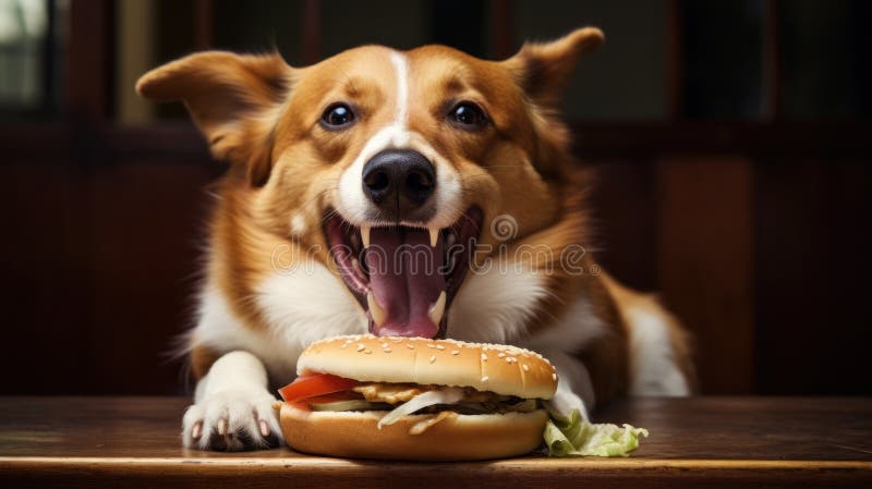 Funny Dog Looks at the Appetizing Burger on the Table Stock Image ...