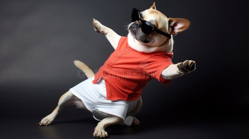Funny Dog Pug in Clothes and Sunglasses Dancing in the Studio on a ...