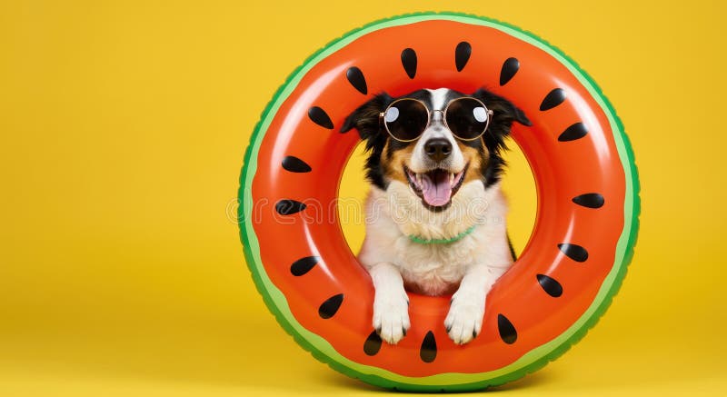 Funny Dog in Sunglasses, Watermelon Float, Yellow Scene. Ready for ...