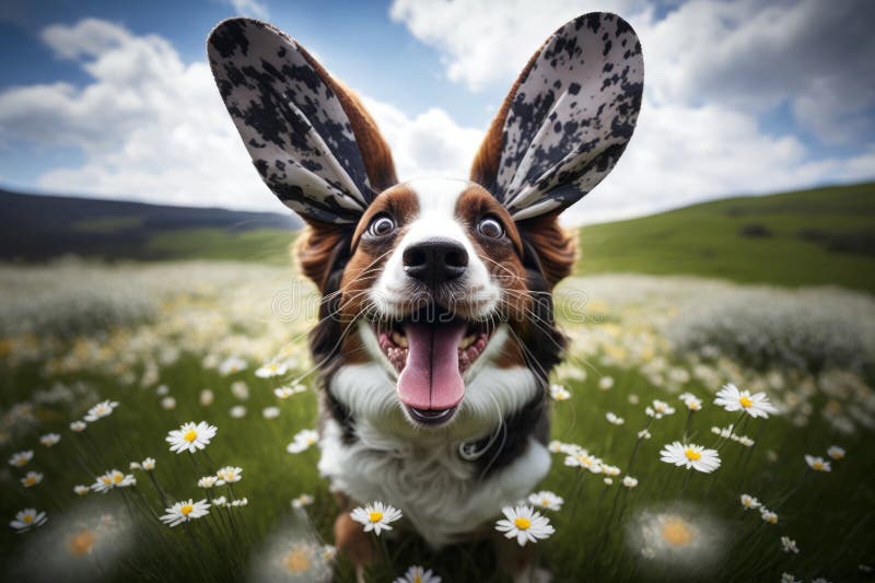 Funny Dog Using Easter Bunny Ears on a Flower Meadow Stock Illustration ...
