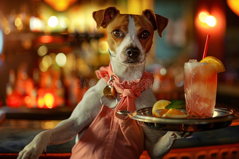 Funny Dog Waitress with Tray with Cocktails and Copy Space Stock ...