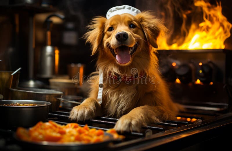 Funny Dog Wearing Chef Hat Sitting on a Kitchen Stove. Dog Sitting on a ...
