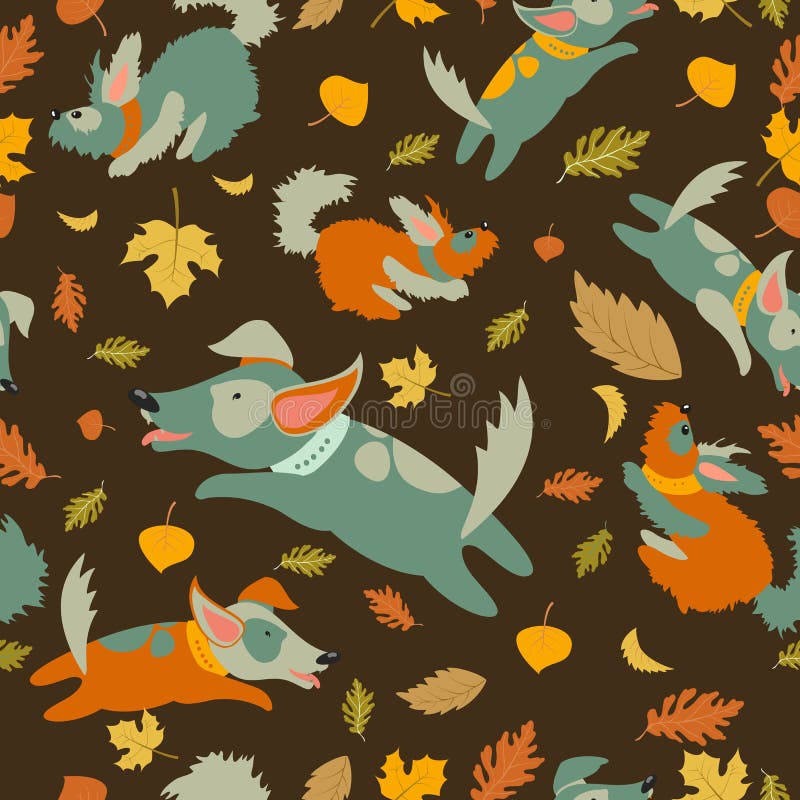 Funny Dogs Playing with Autumn Leaves Stock Vector - Illustration of ...
