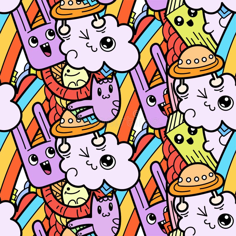 Funny Doodle Cats and Kittens Seamless Pattern for Prints, Designs and ...
