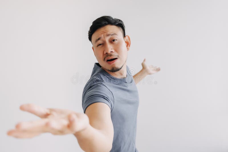 Funny and Dramatic Asian Man is Showing and Offer Hands Stand Isolated ...