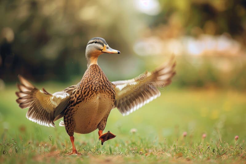 Funny Duck Running in the Garden or the Park, Flapping Its Wings ...