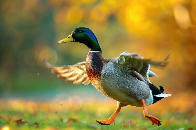 Funny Duck Running in the Garden or the Park, Flapping Its Wings ...