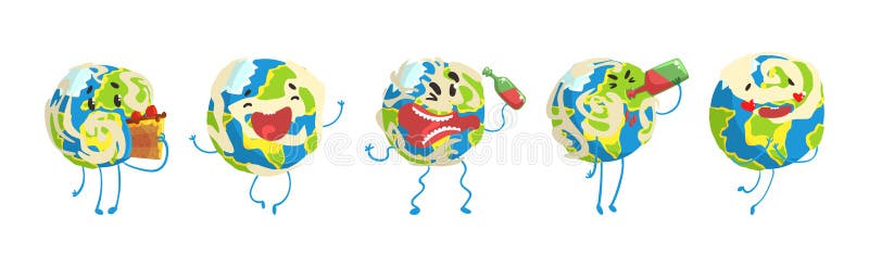 Funny Earth Planet Character with Face and Arm Vector Set Stock Vector ...