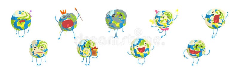 Funny Earth Planet Character with Face and Arm Vector Set Stock Vector ...