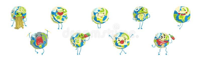 Funny Earth Planet Character with Face and Arm Vector Set Stock ...