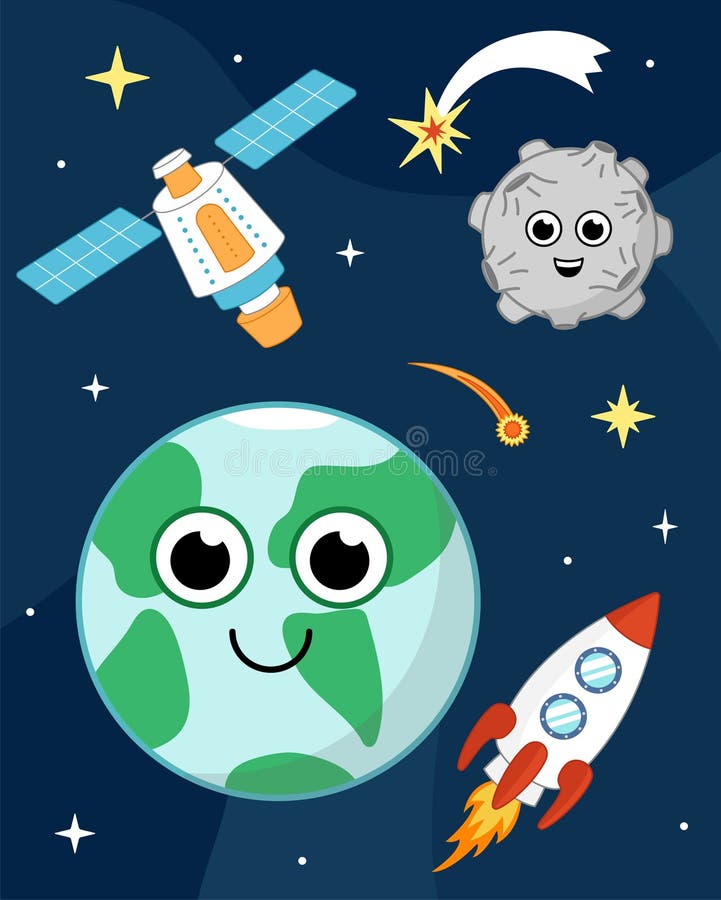 Funny Earth and Space Objects Near it. Moon, Rocket, Satellite, Comet ...