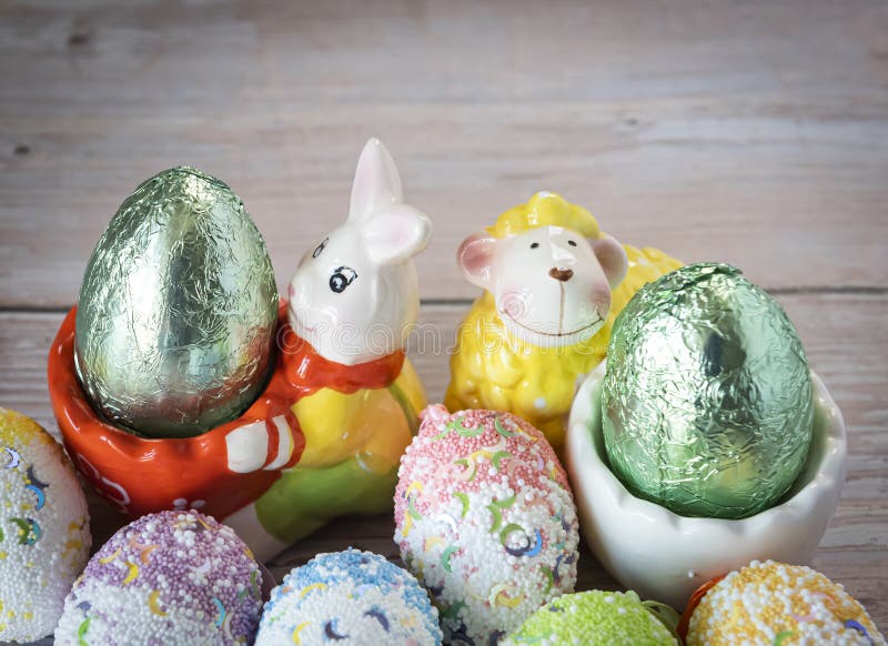 Funny Easter Background with Bunny, Sheep and Easter Eggs. Letter of ...