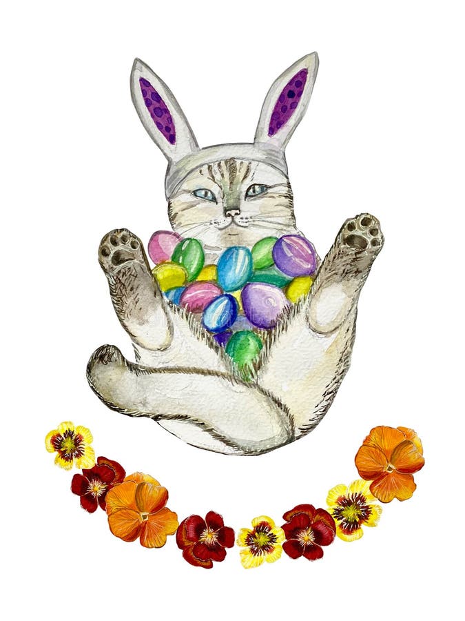 Funny Easter Bunny Cat with Eggs Stock Illustration - Illustration of ...
