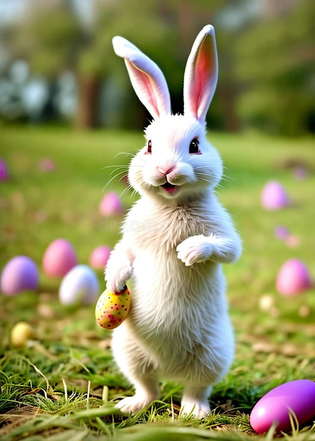 Funny Easter Bunny with Colorful Eggs Stock Photo - Image of ribbons ...