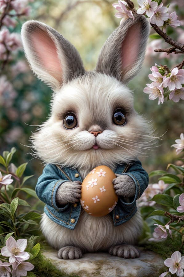 A Funny Easter Bunny in a Denim Jacket Holds an Easter Egg in a ...