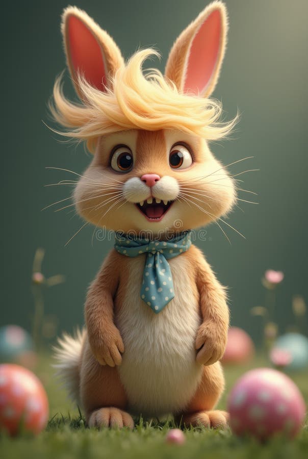 Funny Easter Bunny with Hairstyle Wearing Tie Standing on Grass. Ai ...