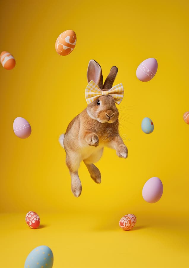 Funny Easter Rabbit with Yellow Bow Jumping Around Colored Decorated ...