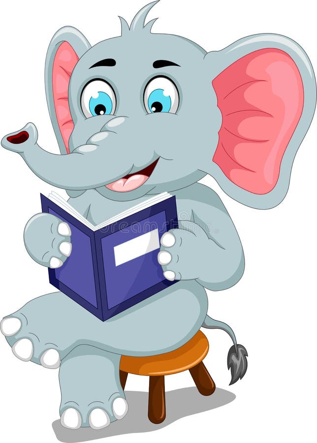 Funny Elephant Cartoon Sitting with Reading Book Stock Illustration ...