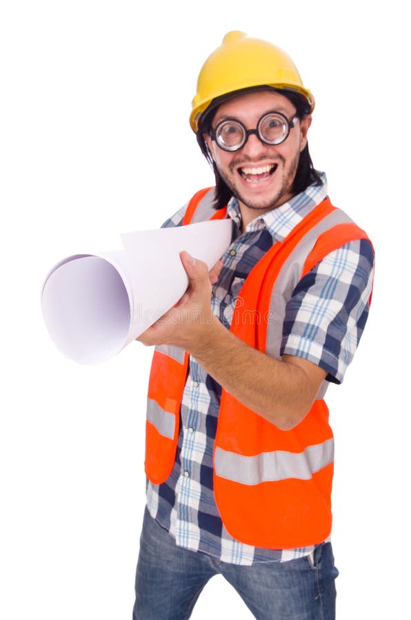 Funny Engineer on the White White Stock Image - Image of draft ...