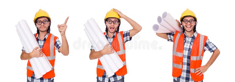 The Funny Engineer Isolated on the White White Stock Image - Image of ...