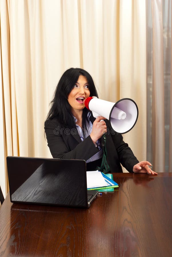 Funny Executive Shouting Away in Megaphone Stock Photo - Image of happy ...
