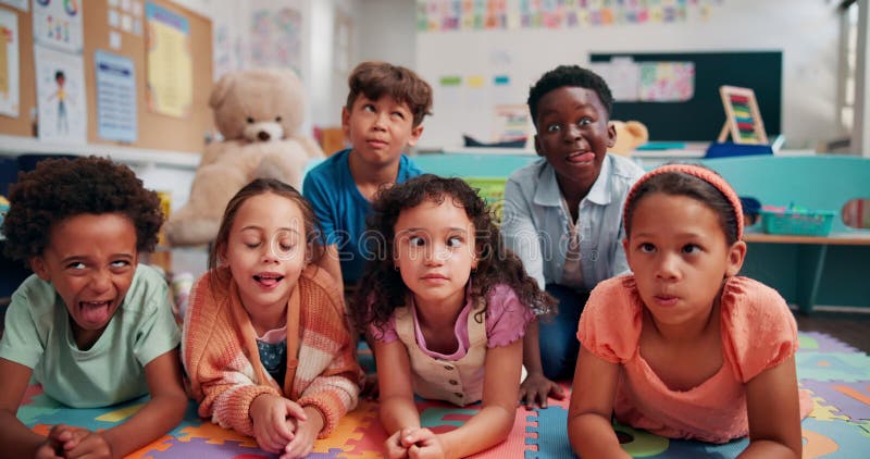 Funny Face, Education and Youth with Students in Classroom for Future ...