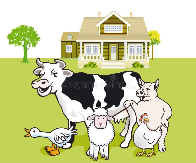 Funny Farm Animals on the Pasture with Farmhouse, Comic Illustration ...
