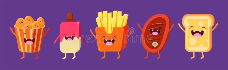 Funny Fast Food Character with Happy Smiling Faces Vector Set Stock ...