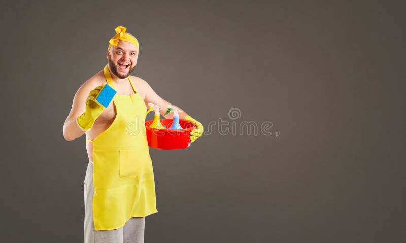 Funny Fat Cleaning Man in an Apron on Cleaning. Stock Photo - Image of ...