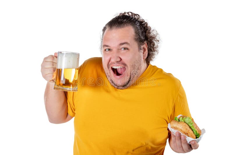 Funny Fat Man Eating Burger and Drinking Alcohol Beverage on White ...
