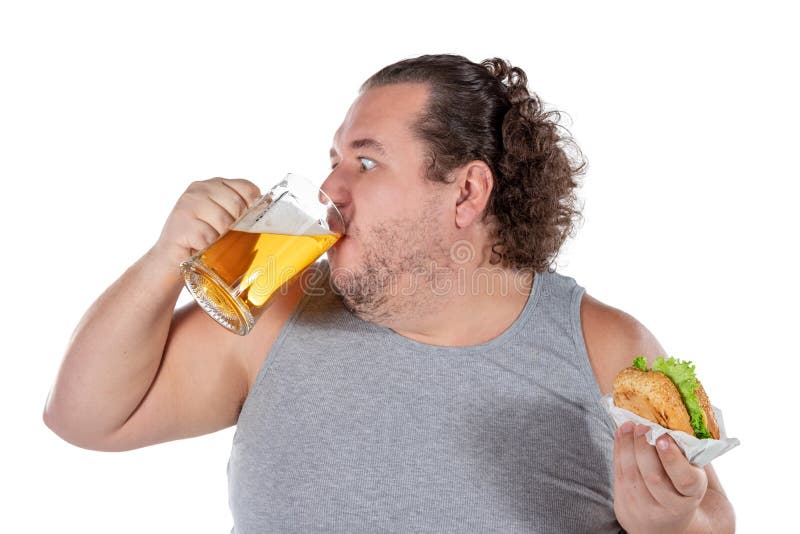 Funny Fat Man Eating Burger and Drinking Alcohol Beverage on White ...