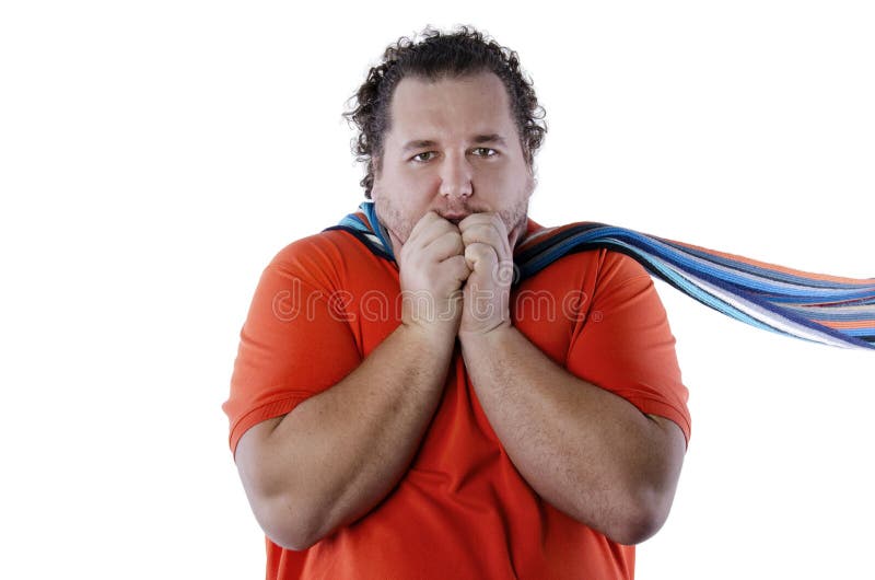 A Funny Fat Man Freezes. White Background. Isolated Stock Photo - Image ...