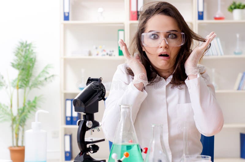 The Funny Female Chemist Working in the Lab Stock Photo - Image of ...