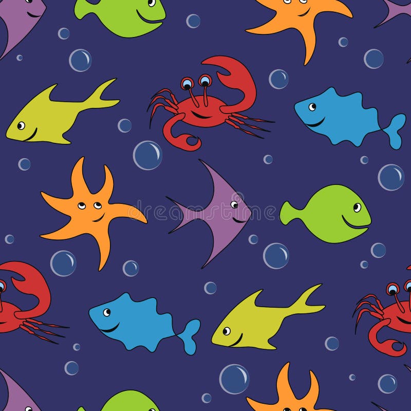 Funny Fish and Crab Children S Seamless Pattern Underwater Stock ...