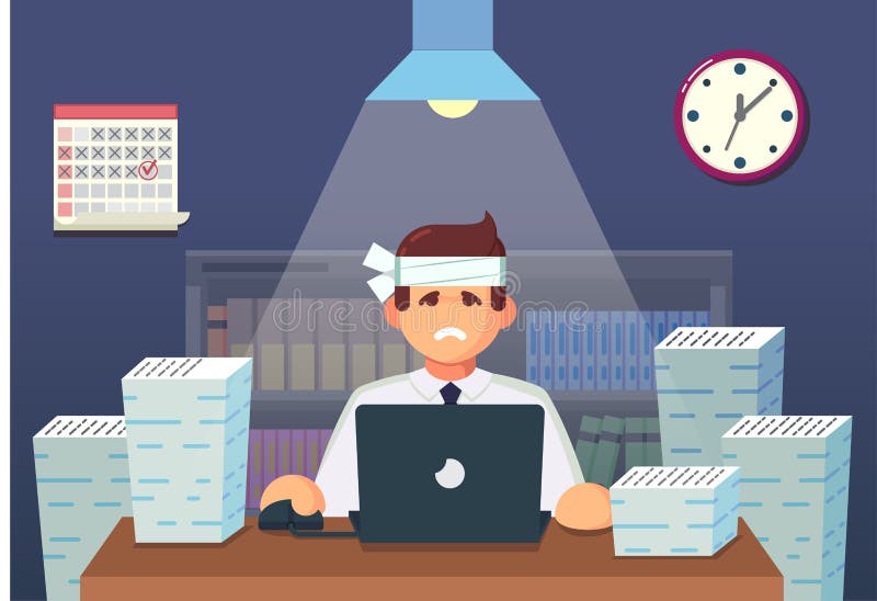 Funny Flat Cartoon Character. Tired Office Worker Sitting and Working ...