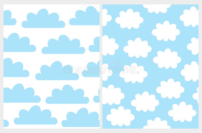 Funny Fluffy Clouds on a Blue Sky. Simple Cloudy Vector Patterns. Stock ...