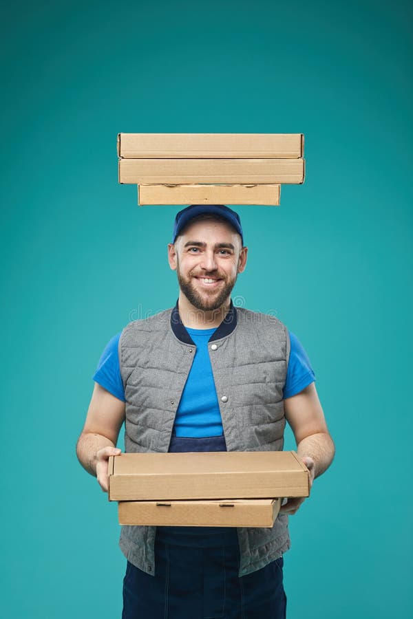 Funny Food Delivery Worker Portrait Stock Image - Image of happy ...