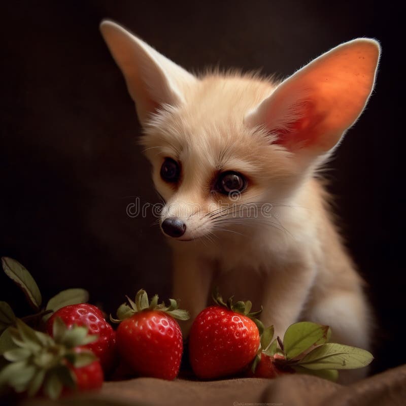 Funny Fox Fennec Fox with Strawberries Stock Illustration ...